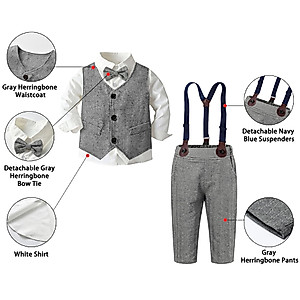 Boys Dress Clothes Set, 3PCS Baby Boy Formal Suits with Bowtie Dress Shirt + Suspender Pants + Suit Vest Wedding Clothing Outfits for Boys， Grey Zsl， 18-24 Months = Tag 90