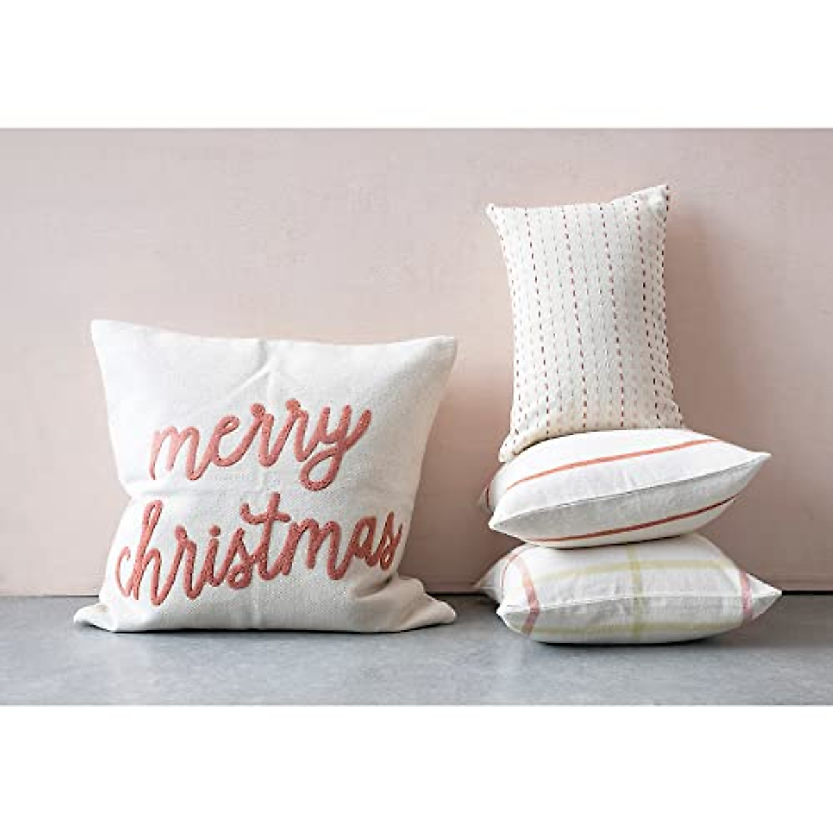 Creative Co-Op Square Cotton Pillow with "Merry Christmas" Embroidery, Cream and Sienna