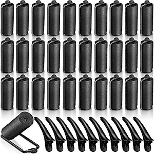 40 Pieces Sponge Hair Rollers Satin Rollers Silk Foam Rollers Women Hair Curlers with Duck Teeth Clips for Hairdressing Styling(0.98 Inch,Black)