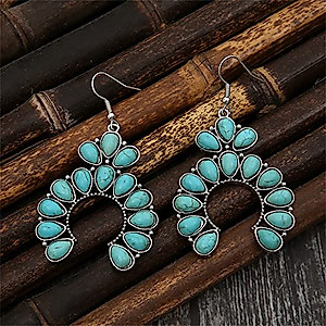 Bohemian Vintage Turquoise Oval Flower Ethnic Drop Dangle Earrings for Women Boho Exaggerated Retro Geometric Turquoise Teardrop Earrings Cowgirl Cowboy Jewelry Gift (D)