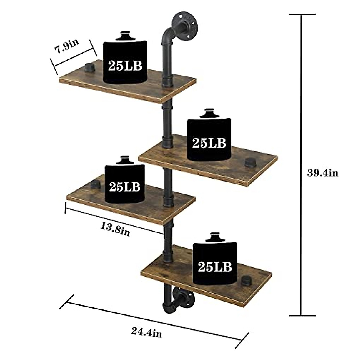 HEONITURE Industrial Pipe Shelving, Pipe Shelves with Wood Planks, Corner Floating Shelves Wall Mounted, Retro Rustic Industrial Shelf for Bar Kitchen Living Room