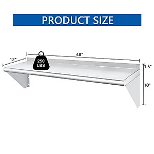 HARDURA Stainless Steel Shelf 12" x 48", 250lb Commercial Shelves Wall Mount Metal Shelving with Backsplash and Brackets for Kitchen, Restaurant, Laundry Room and Home