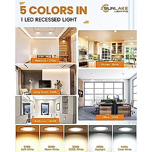 Sunlake 12 Pack Recessed Lighting 4 inch, Ceiling Lights 5 in 1, Canless Ultra Thin LED 5CCT Dimmable 2700K/3000K/3500K/4000K/5000K Selectable, 650 Lumens, 10W=65W Eqv, ETL, Energy Star Certified