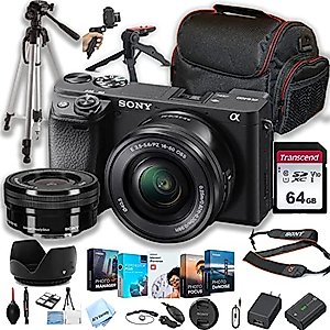 Sony a6400 Mirrorless Camera with 16-50mm Lens + 64GB Memory + Case+ Steady Grip Pod + Tripod+ Software Pack + More (30pc Bundle)