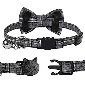 SLSON 2 Pack Breakaway Cat Collar with Bell and Bow Tie Plaid Kitten Collar for Cats and Small Dogs Pets Adjustable from 8-11In, Black and Grey