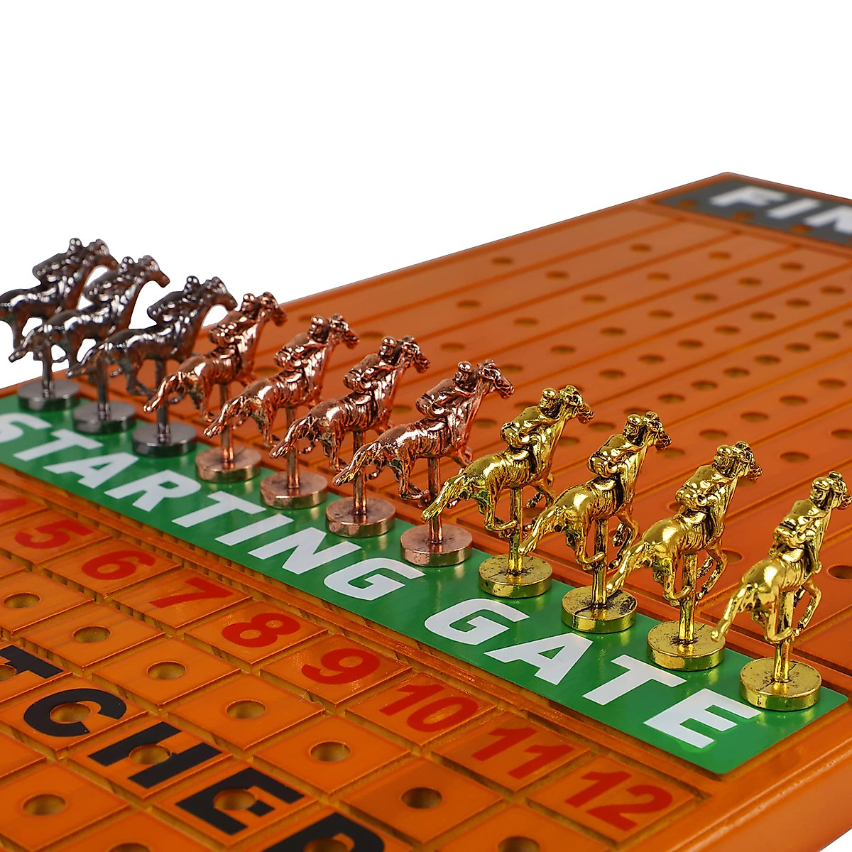Grhonior Large 21 inches Horse Racing Board Game with 11 Luxury Metal Craft Horses Thickened Pine Finish LINE Race Game Chessboard Including 2 Sets of dice and 2 Boxes of Cards