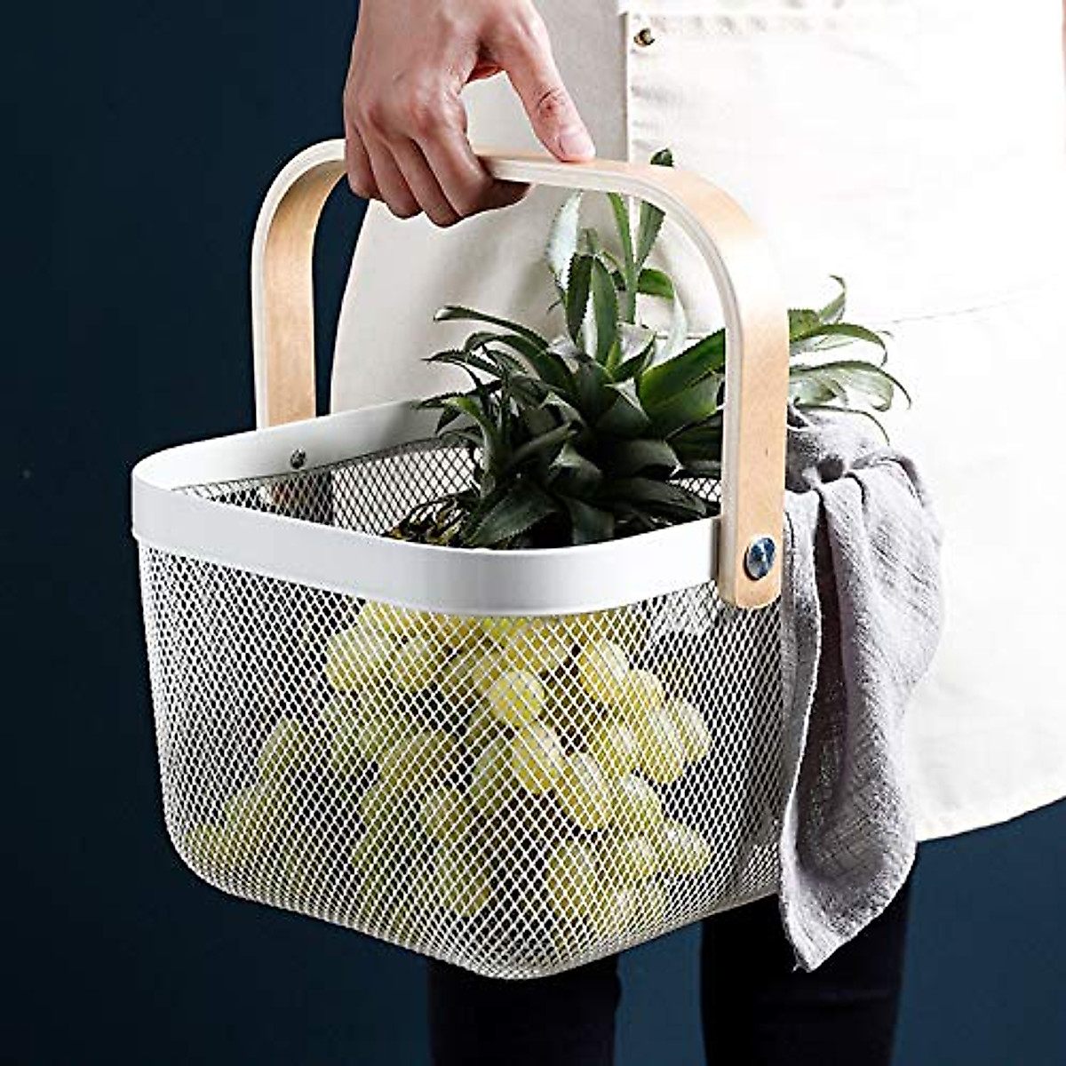 AJIODA 2 Pack Metal Mesh Steel Basket, Storage Organizer Basket Multi-function Hanging Kitchen Baskets Fruit Basket Bin with Wood Handle for Kitchen Bathroom Picnic Cabinet Home Decor, White