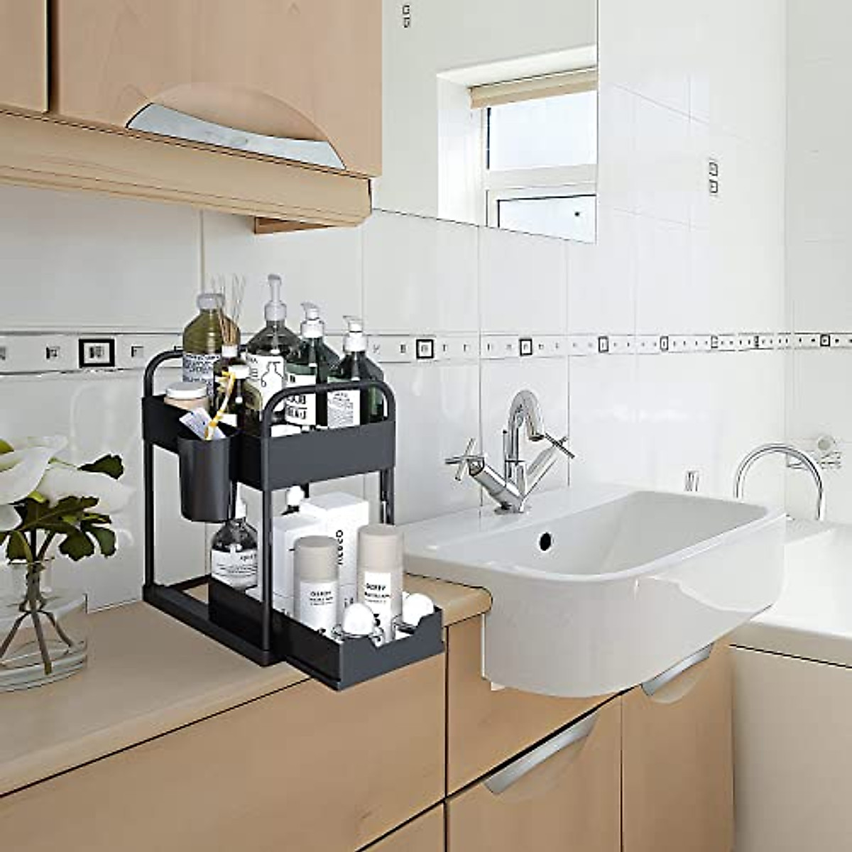 2 Tier Under Sink Organizers and Storage, 2 Pack Sliding Under Bathroom Cabinet Storage Drawer Organizer with Storage Drawer with 8 Hooks and 2 Hanging Cups, Multi-purpose Under Sink Organizer, Black