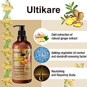 Ultikare Ginger Shampoo for Dandruff Hair, Anti-Dandruff Treatment - Itchy Dry Scalp Care Shampoo Ginger Extract Oil Strengthen Hair Formula, for Men and Women