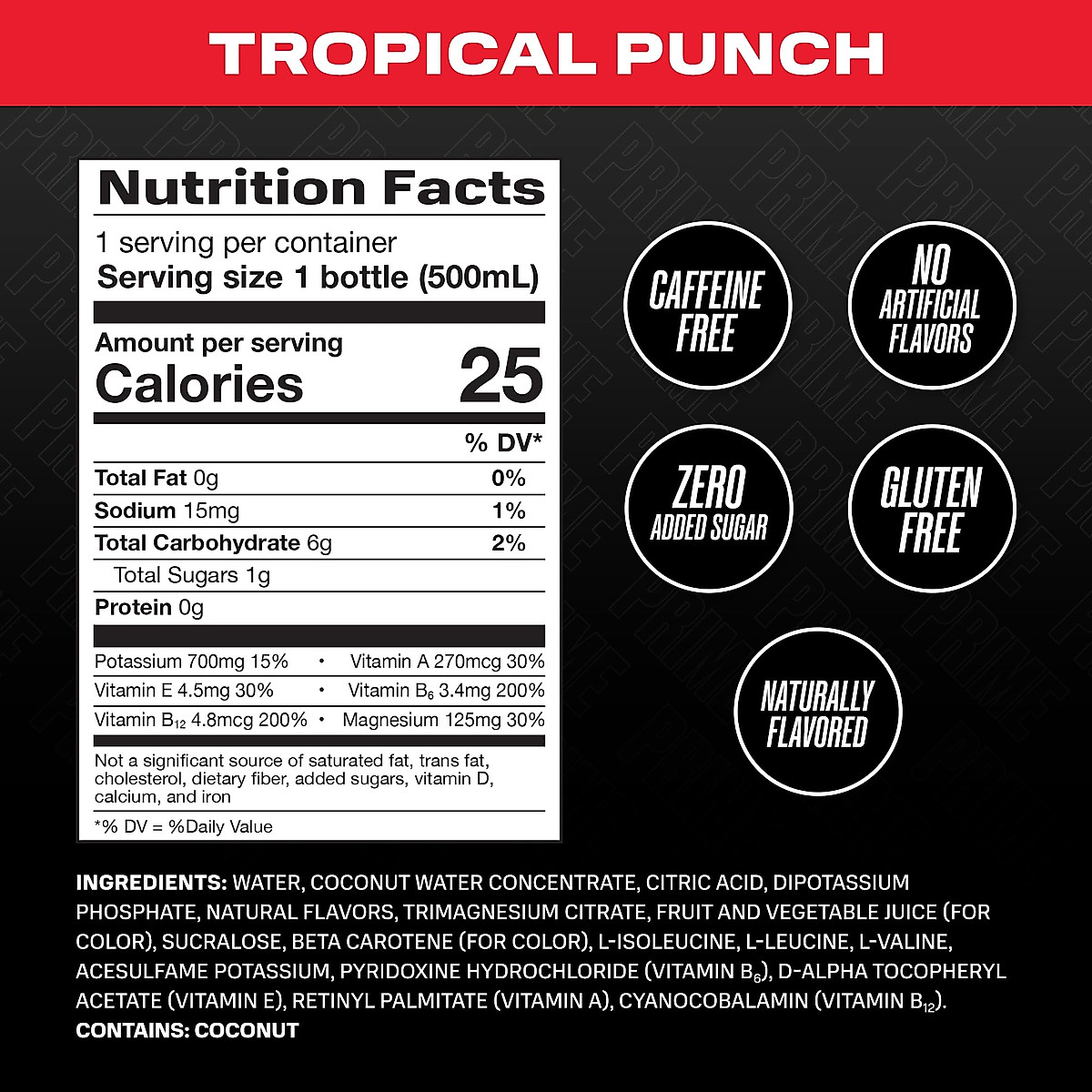 PRIME Hydration TROPICAL PUNCH | Sports Drinks | Electrolyte Enhanced for Ultimate Hydration | 250mg BCAAs | B Vitamins | Antioxidants | 2g Of Sugar | 16.9 Fluid Ounce | 12 Pack