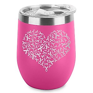shop4ever Breast Cancer Awareness Pink Ribbon Heart Engraved Insulated Stainless Steel Wine Tumbler with Lid 12 oz. Gift for Her (Pink)