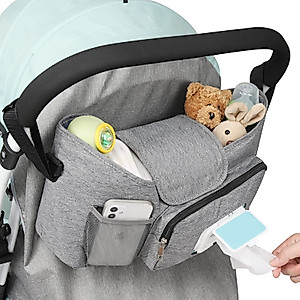 Accmor Universal Stroller Organizer with Insulated Cup Holder, Stroller Caddy Bag Accessories, Stroller Cup Holder Organizer for Uppababy Baby Jogger Britax Stroller, Grey