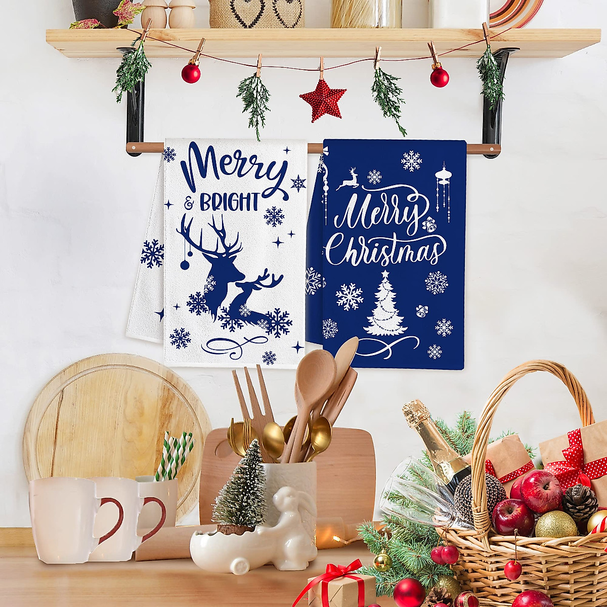 Pinatas Christmas Kitchen Towels Set of 4, Snowflake Blue Christmas Dish Towels, Winter Farmhouse Christmas Kitchen Decor, Hand Towels Housewarming Gifts for New Home