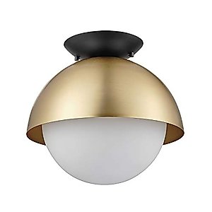 Globe Electric Oswald 1-Light Flush Mount, Matte Brass, Matte Black Accent Canopy, Frosted Glass Shade