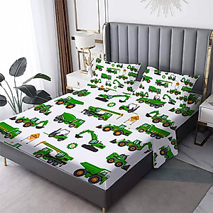 EDGZKO Sheet Set Green Tractor: Queen Size Cartoon Excavator Truck Bed Sheets for Boys Kids Toddler Deep Pocket Construction Vehicle 4PC Bedding Set 1 Fitted Sheet & 1 Flat Sheet & 2 Pillowcases