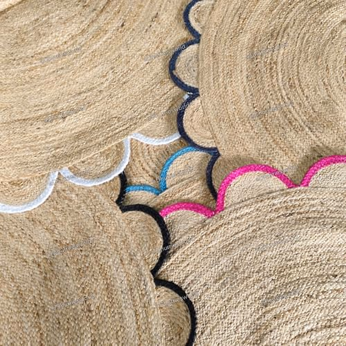 The Rug Cafe 4X4, 5X5, 6X6,Feet Natural Jute Scallop Round Rug, Floor Scalloped Edge Rug Braided Boho Eco Large Circular Handmade Area Rugs (Natural, 5X5 Ft Round Rug)