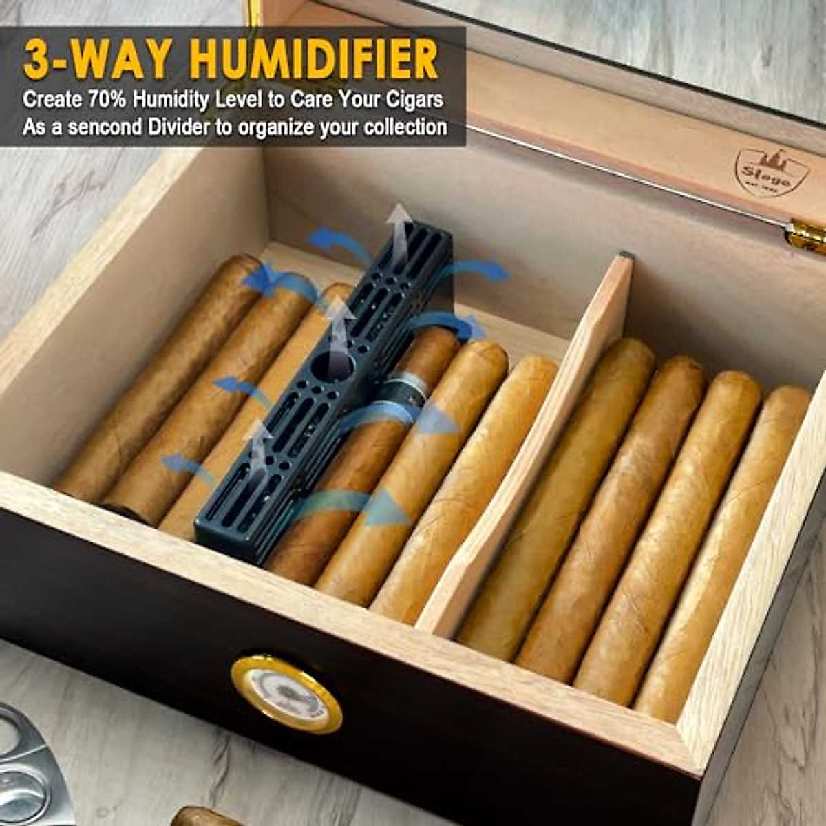 Slege Cigar Humidor,Humidor Cigar Box for Cuban Cigars,Glass-Top Humidor Spanish Cedar-Cigar Case,Humidifier,Divider,Hygrometer