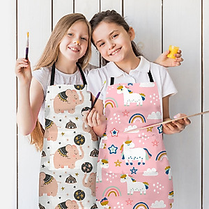 fangyunri Kids Apron with Pocket for Girls Unicorn Rainbow 6-12 Pink Child Art Smock Kitchen Bib Waterproof Toddler Chef Apron Adjustable Neck Strap for Cooking Painting Baking Crafting Art Gardening