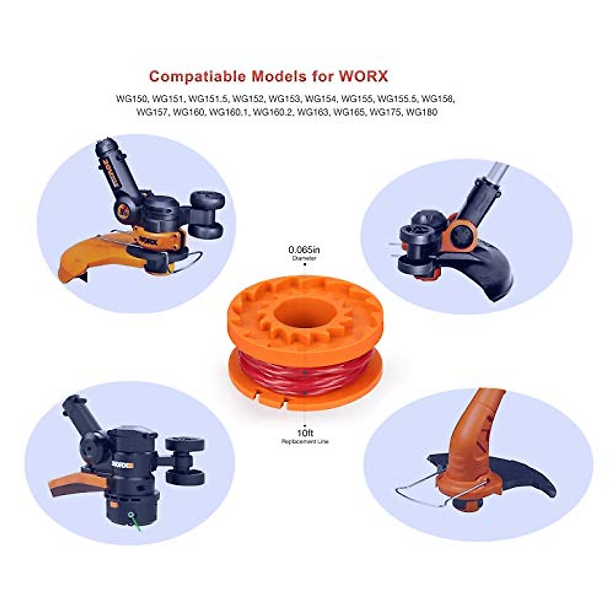 Trimmer Spool Line for Worx，Edger Spool Compatible with Worx trimmer spools Weed Eater String,Trimmer Line Refills 0.065 inch for Electric String Trimmers，Weed Wacker Spool Replacement Parts