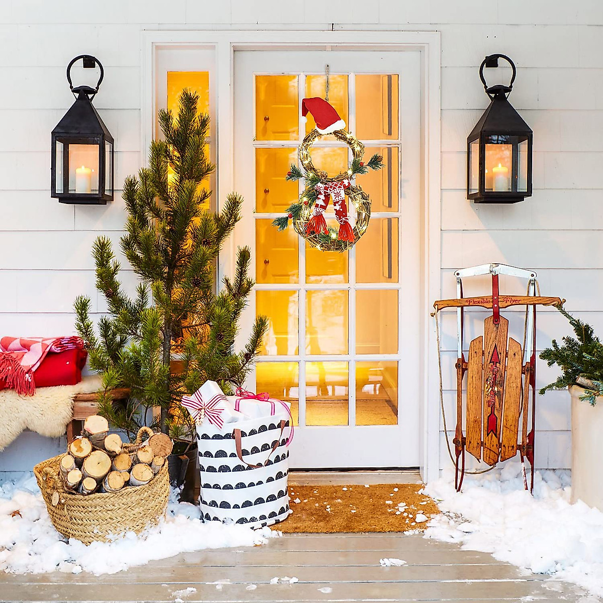 DearHouse Lighted Christmas Wreath Decoration Clearance, 16 x 8 Inch Grapevine Wreath with Hat and Scarf Snowman Shape Wreath for Front Door Home Garden Wall Decor