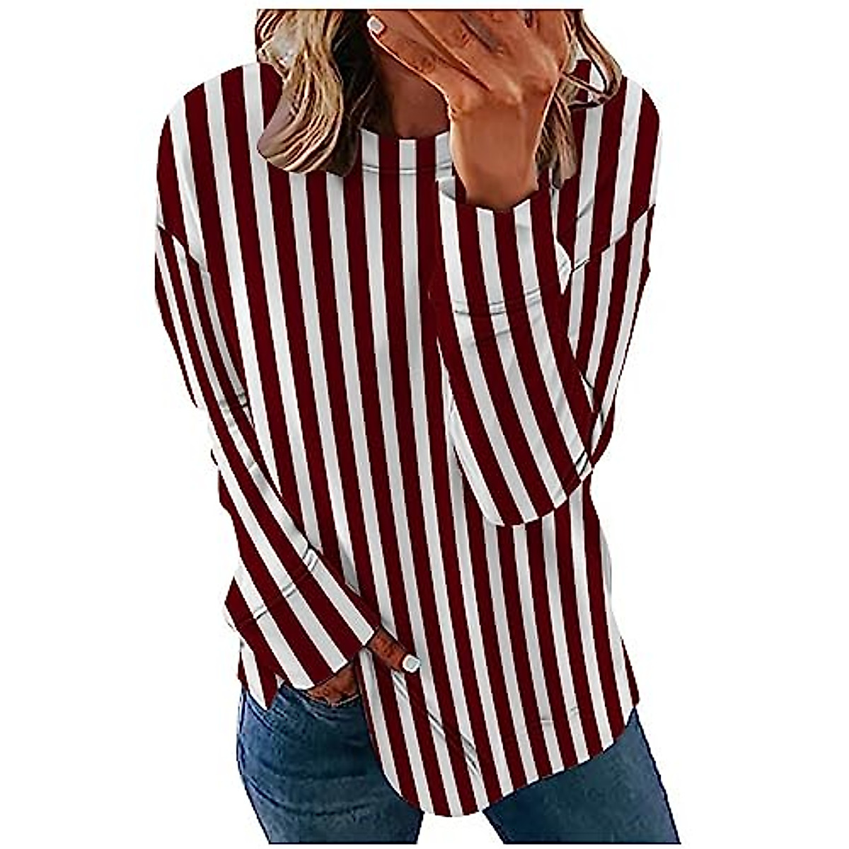 LAWOR Flannel Coats For Women 2024 Winter Sudadera gran tamaño estampado rayas para mujer jersey manga larga cuello redondo ropa degradada primavera y otoño E2-Wine Small