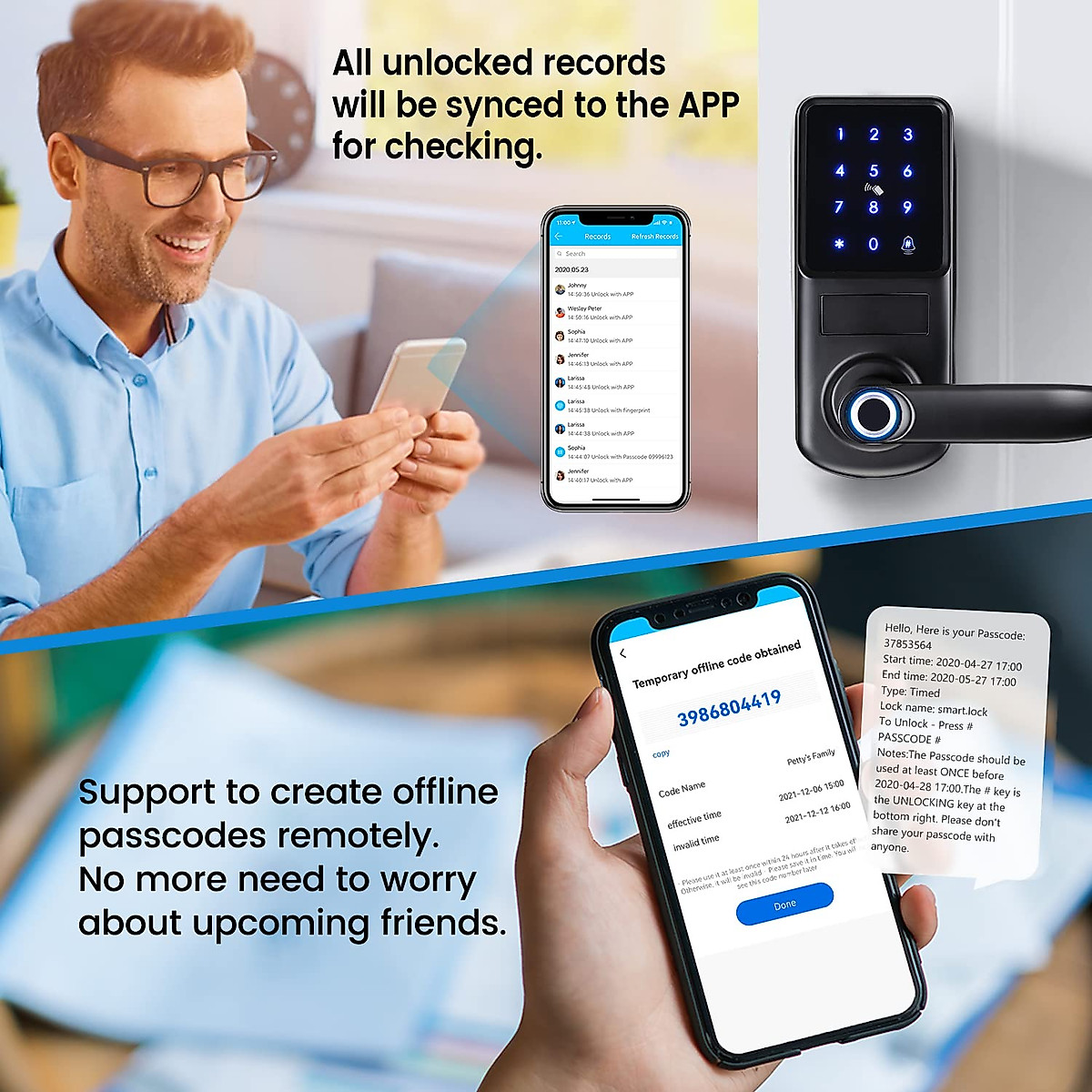 LOQRON Smart Fingerprint Door Lock, Security Keyless Entry Door Lock with Reversible Handle, Bluetooth Electronic Deadbolt Lock, App Control, Anti-Peep Digital Door Lock for Home Office - Black