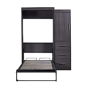 PQXM Multifunctional Full Size Murphy Bed with Wardrobe and 3 Drawers, Solid Wood Storage Bed Folds into a Cabinet, Great for Small Space Apartments Studio Guest Rooms