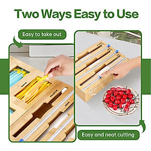 8 in 1 Plastic Wrap Dispenser with Cutter and Bag Organizer, Bamboo Plastic Bag Organizer for Drawer, Kitchen Organizers and Storage, Kitchen Drawer Organizer for Gallon,Quart,Sandwich,Snack Bag