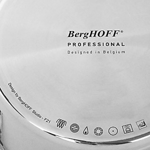 BergHOFF Professional Tri-ply 18/10 Stainless Steel Stockpot 9.5" 8 Qt. Safe Grip Handle Matching Lid Induction Cooktop Measurement Markings Inside Fast & Even Heat Oven Safe Dishwasher safe