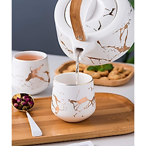 Jusalpha Marble Porcelain Teapot Set, Modern Japanese Tea Pot with Infuser for Loose Tea (40 OZ), 4-Piece Tea Cups (6.7 OZ) with Bamboo Tray - Tea Cups Set for Home and Restaurant, FDJPT4 (White)