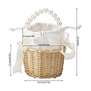 2PCS Wicker Rattan Flower Girl Basket Wedding Flower Girl Basket Pearl Carrying Basket Small Flower Basket with Pearl Handle Rattan Basket for Weddings Bridal Anniversary Party Decor(Brown)