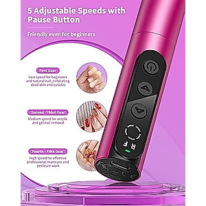 YBLNTEK Electric Nail File, 35,000 RPM Portable Electric Nail Drill for Acrylic Gel Nails, Cordless Nail Drill for Home Salon Manicure and Pedicure, Red