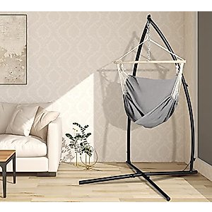 LAZZO Hanging Lounge Chair with Stand Indoor Outdoor Swing Chair Include X-Shaped Stand Lounge Chair Stand Set Hanging Egg Chair Swing Chair for Bedroom Cotton Hang Chair and Heavy Duty Steel Stand