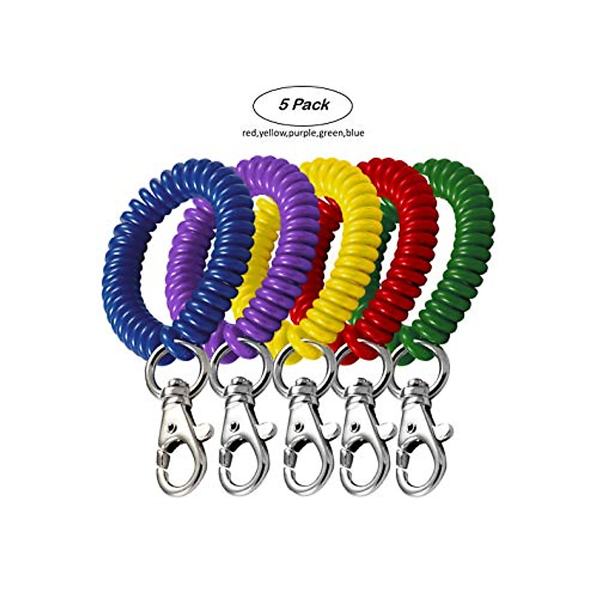 Lucky Line 2” Diameter Spiral Wrist Coil with Trigger Snap, Flexible Wrist Band Key Chain Bracelet, Stretches to 12”, Assorted Colors, 5 Pack (4071005)