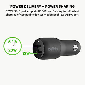 Belkin 32 Watt Dual USB Car Charger - Power Delivery 20W USB C Port & 12W USB A Port for PPS Charging Apple iPhone 14, 14 Pro, 14 Pro Max, iPhone 13, Samsung Galaxy, AirPods & More - USB-C Charger