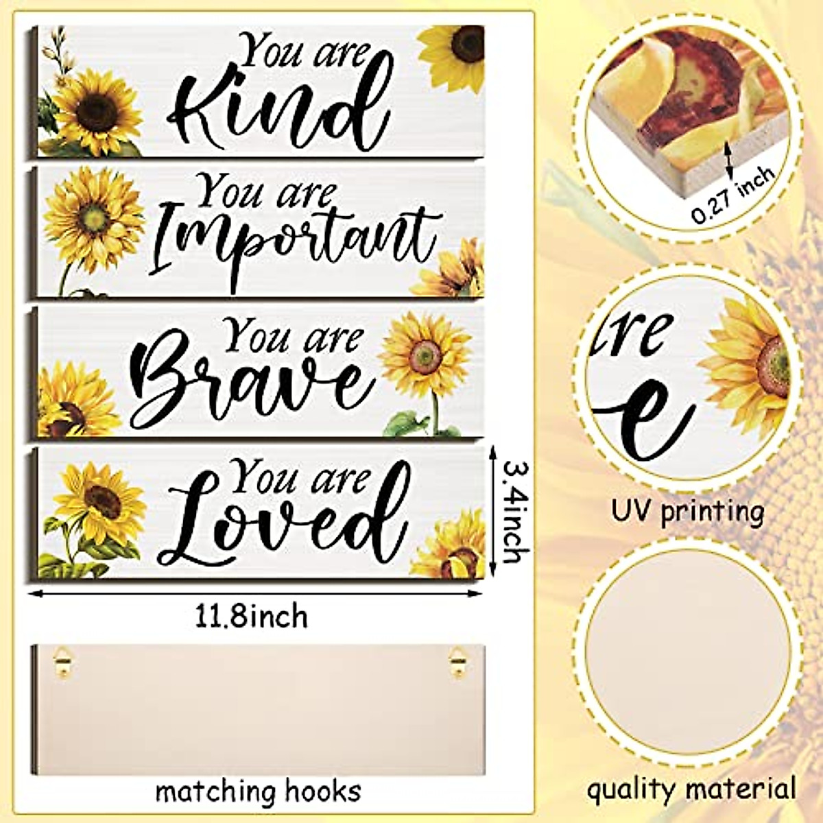 4 Pcs Sunflowers Inspirational Wall Decors Sunflower Gifts for Woman You Are Kind Wall Art Rustic Wood Sign Hanging Decoration for Living Room Bedroom Bathroom Door Decor (Inspirational Sunflower)