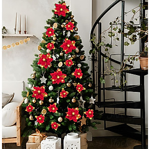 Geefuun 28PCS Christmas Tree Decorations: Poinsettias Artificial Flowers Ornaments Xmas Red Glitter Flower with Clips,3 Sizes(Not Included Stems)