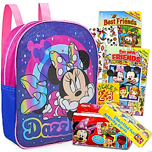 Minnie Mouse Mini Backpack for Girls - Bundle with 11 Inch Minnie Backpack, Disney Look and Find Activity Cards Tin Lunch Box with 2 Disney Hidden Pictures Board Booklets