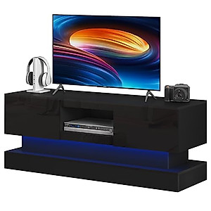 ARMCONE LED TV Stand, Media Entertainment Center, TV Stand for 55 60 Inch TV, Modern Industrial Floor Standing TV Cabinet with Storage, Black Entertainment Center, TV Console Home Furniture