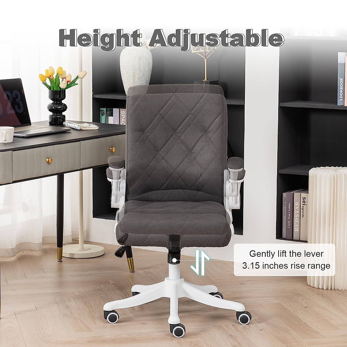 Home Office Chair, Comfy Chair Work from Home Essentials, Cloth Comfy Office Chair Comfortable Computer Chair with Wheels Swivel, Ergonomic Lumbar Support and Flip-up Armrests |Grey