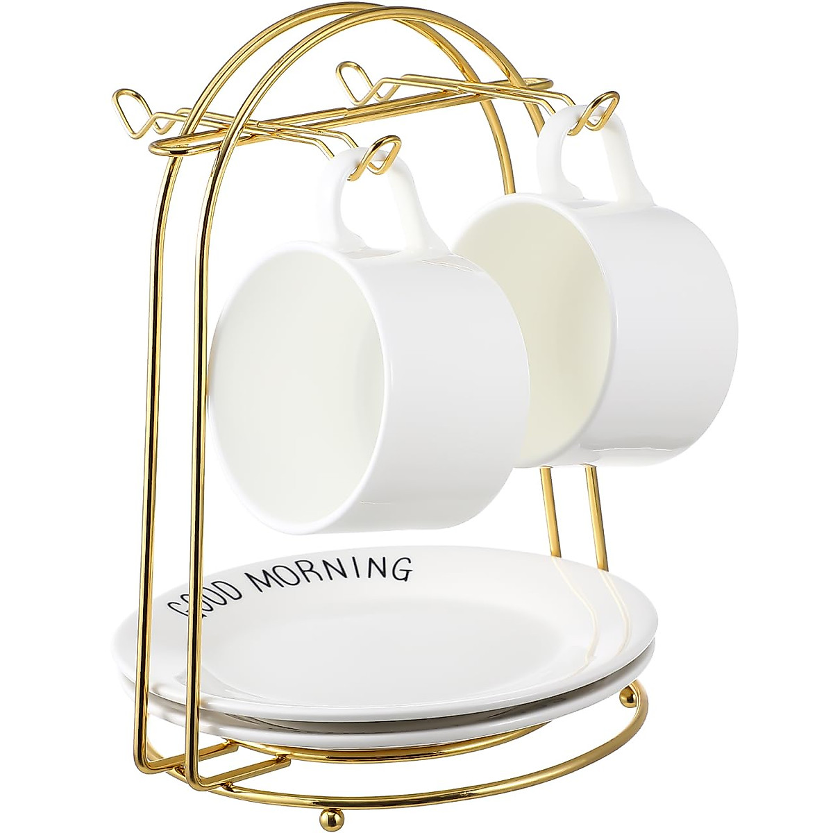 jojofuny Golden Metal Tea Mugs Display Stand 4 Hook European Style Cups Holder Tree Wrought Iron Saucer Organizer Rack for Coffee Home Jewelry Entryway Key Bar Accessories