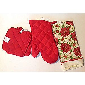 Poinsettia 5 Piece Christmas Kitchen Linen Bundle With 2 Dish Towels, 2 Potholders, and 1 Oven Mitt …