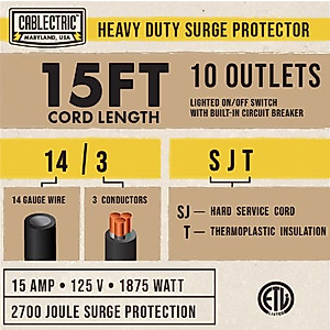 10 Outlet Heavy Duty Surge Protector Power Strip - Industrial Black and Yellow Metal Surge Protector with 15 Foot Extension Cord | Cablectric is an American Owned Brand