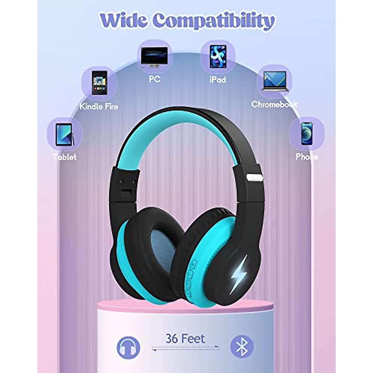 Kids Bluetooth Headphones, Colorful Wireless Over Ear Headset with LED Lights, Built-in Mic, 45H Playtime, 85dB/94dB Volume Limited Headphones for Boys Girls iPad Tablet School Airplane (Blue)
