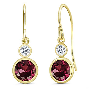 Gem Stone King 14K Yellow Gold Red Rhodolite Garnet and White Topaz Drop Dangle Earrings For Women (2.28 Cttw, Gemstone January Birthstone, Round 6MM and 3MM)