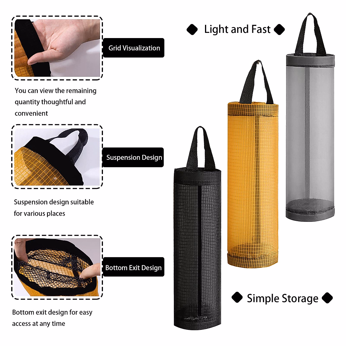 Plastic Bag Holder, Mesh Grocery Bag Holder Hanging Storage Bag Dispenser Foldable Breathable Washable Organizer for Home Kitchen (Black Gray Yellow 3 packs)