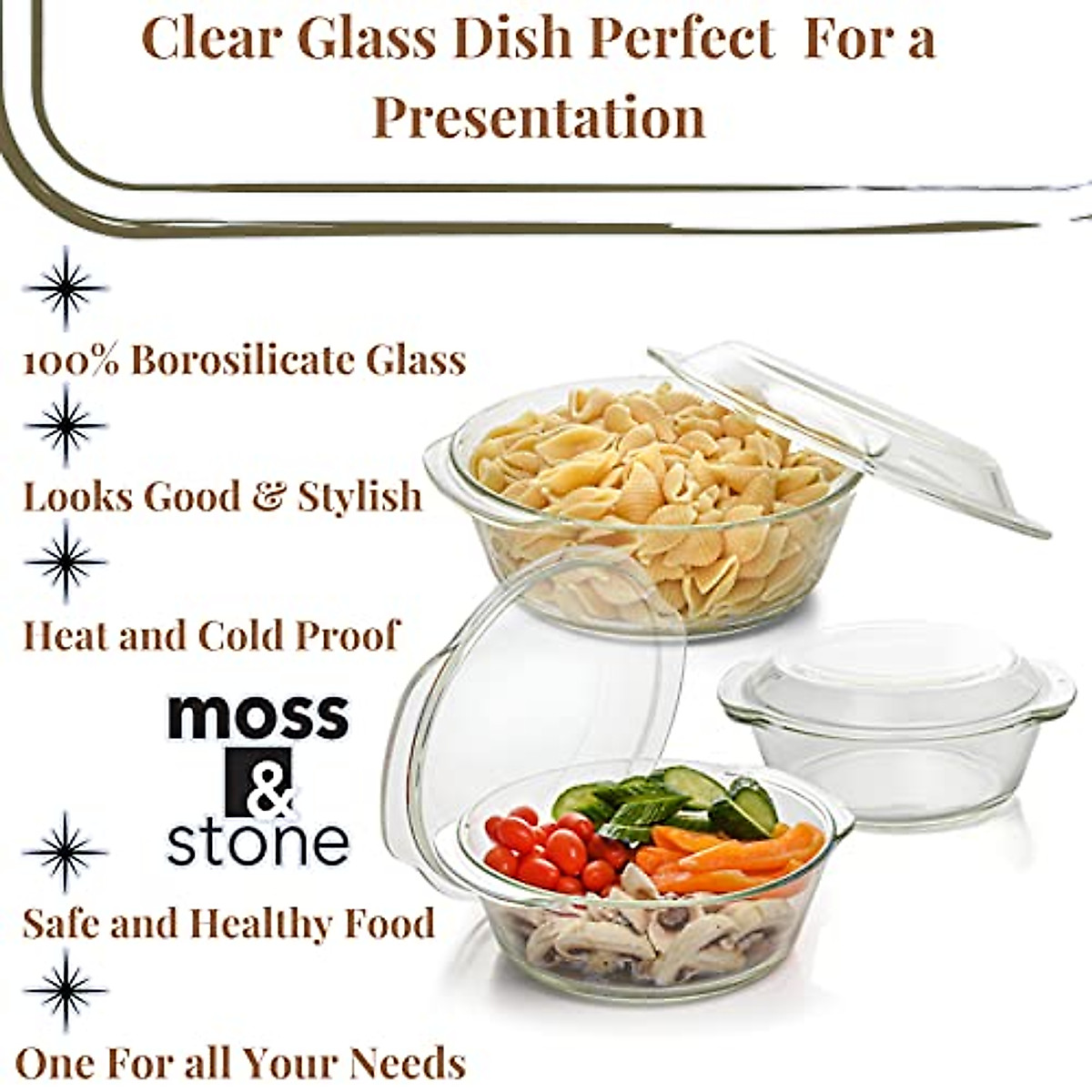 Moss & Stone Basics 6-Piece Glass Casserole With Covered, Borosilicate Glass Durable Bakeware Set, Glass Bowls Bakeware Dish Oven Safe & Microwave Safe, 3 Round Casserole Dish With Lid