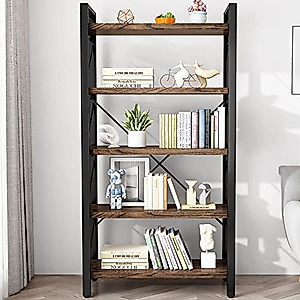 LZ-DONGMAN 5 Tier Bookshelf Rustic Solid Wood Industrial Style Bookcase,Metal and Real Wood Vintage Bookshelf,Book Shelves Home Office, Retro Brown,Dark Matching credenza(LZ01-05tier)