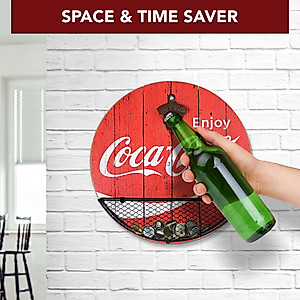 American Art Decor Bottle Opener & Cap Catcher - Wall-Mounted Wooden Beer Cap Collector - Room Decor Accessories for Bar, Man Cave, Garage, Game Room & More (Coca-Cola)
