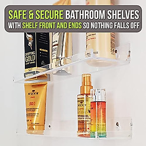 Pretty Display Acrylic Bathroom Shelves [2 Pack] Wall Mounted 15" Shelf Set - Crystal Clear Floating Shelves, Easy to Wall Mount, Rust-Proof & Maintenance-Free